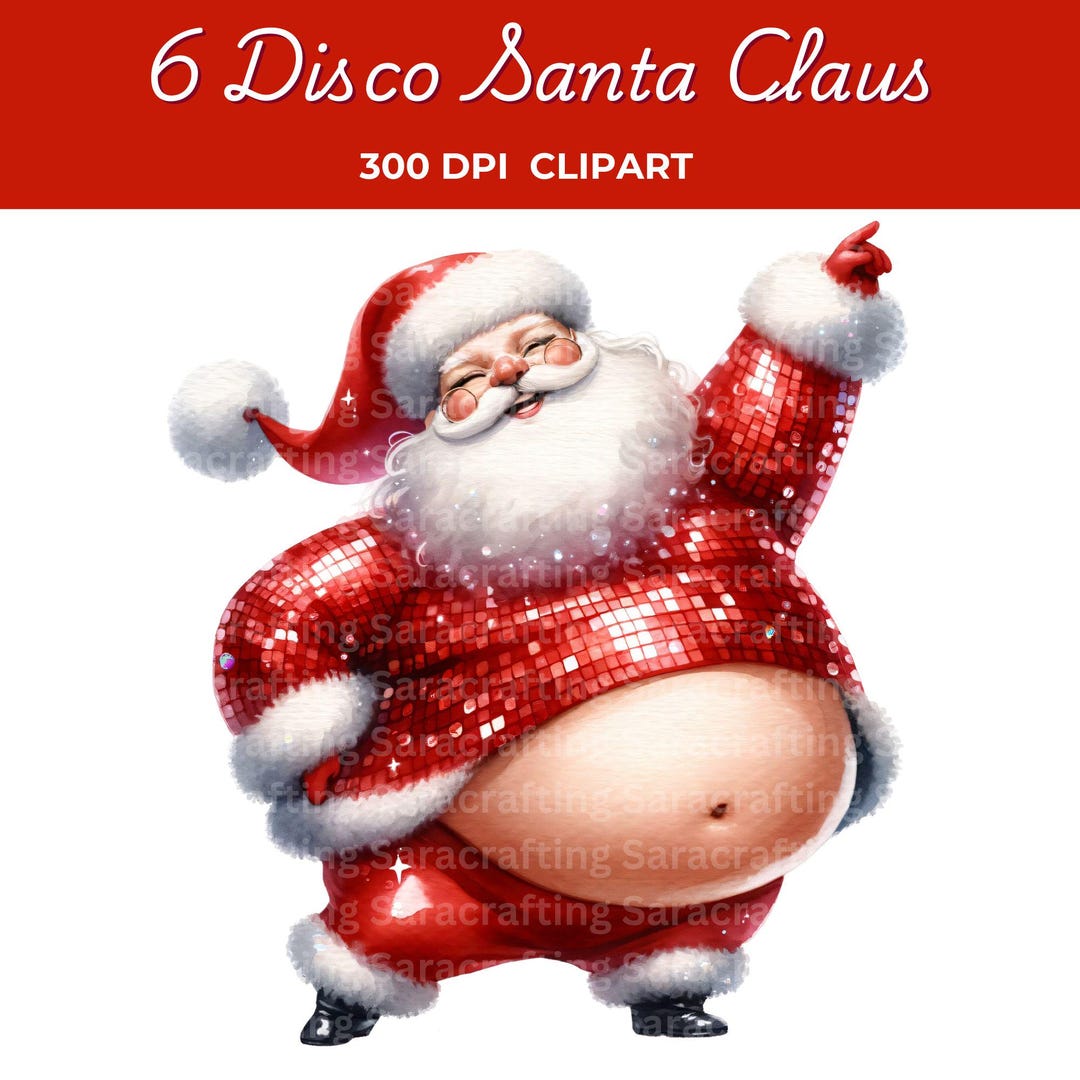 Retro Disco Santa Clipart Bundle, Glitter Santa Christmas Sublimation ...