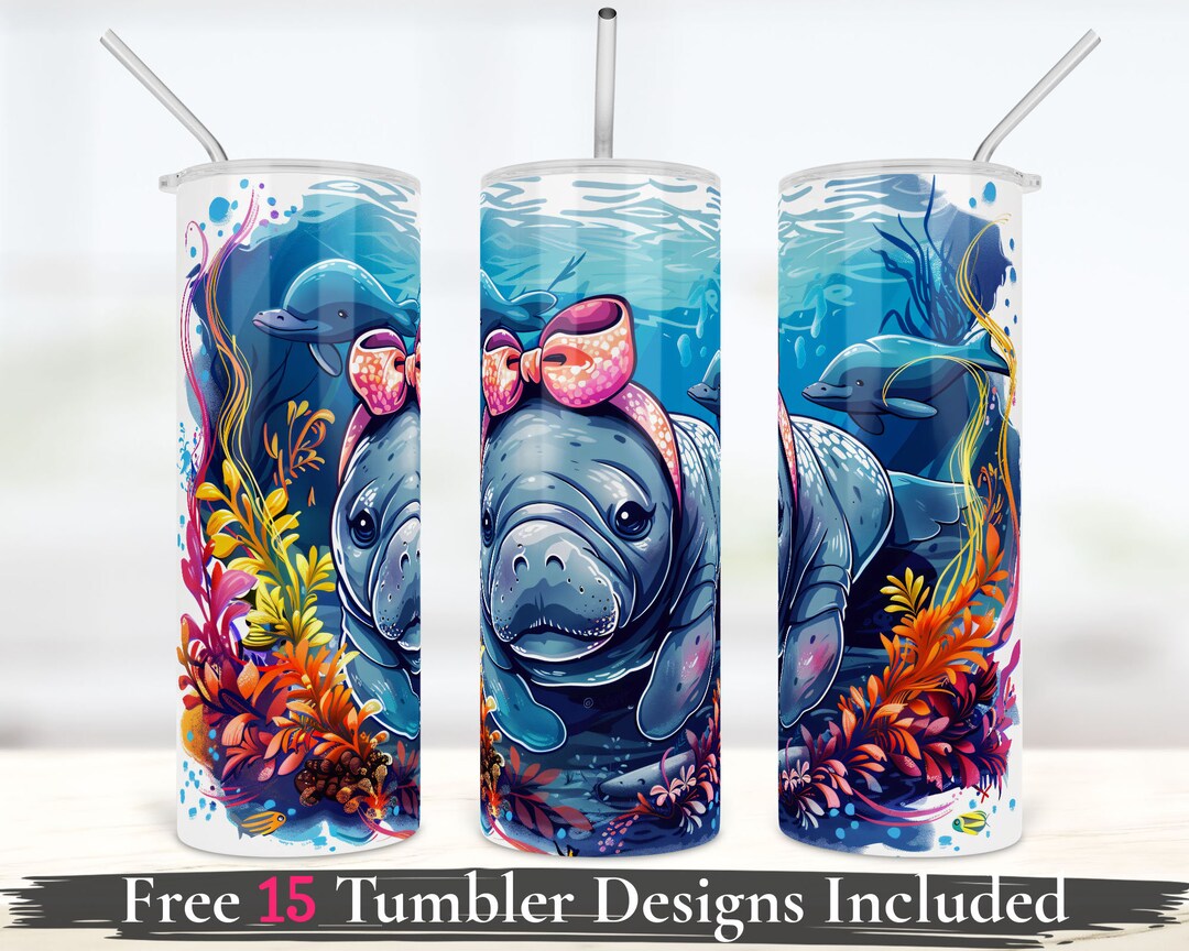 Cute Manatee With Bow, Tumbler Png Wrap, 20 Oz Skinny Tumbler ...
