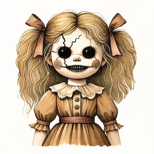 Watercolor Haunted Doll Clipart, Creepy Doll Clipart Bundle, 10 High ...
