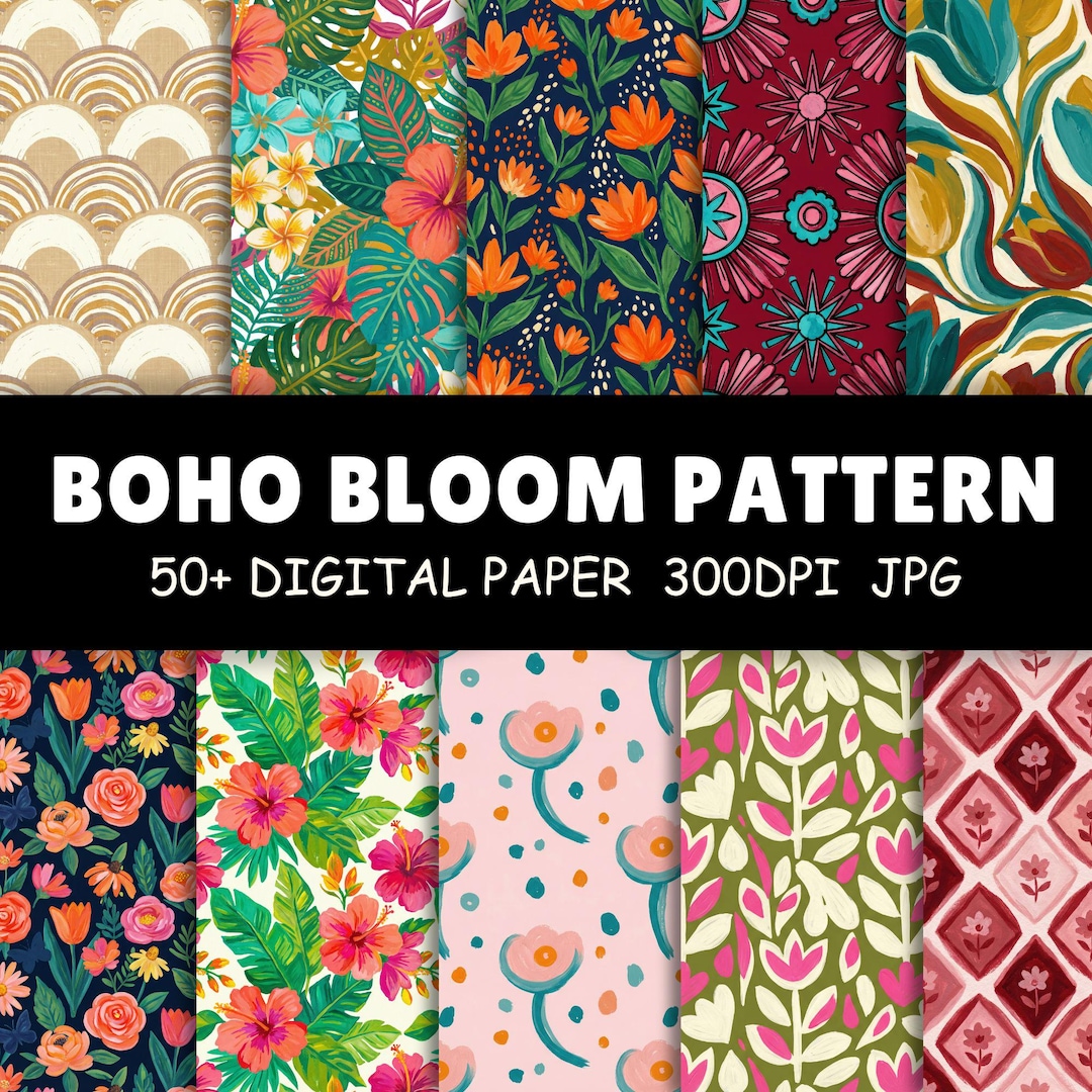 50+ Boho Pattern Bundle, Retro Floral & Folk Botanical Digital Paper ...