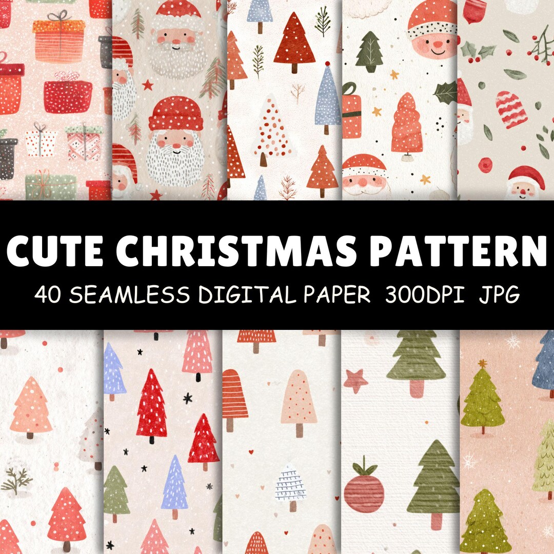 40 Cute Christmas Digital Paper Pack - Santa, Reindeer, Tree & Holiday ...