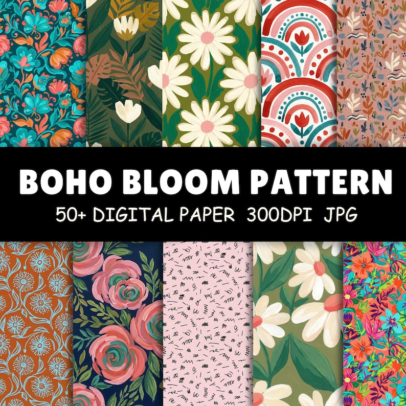 50+ Boho Pattern Bundle, Retro Floral & Folk Botanical Digital Paper ...