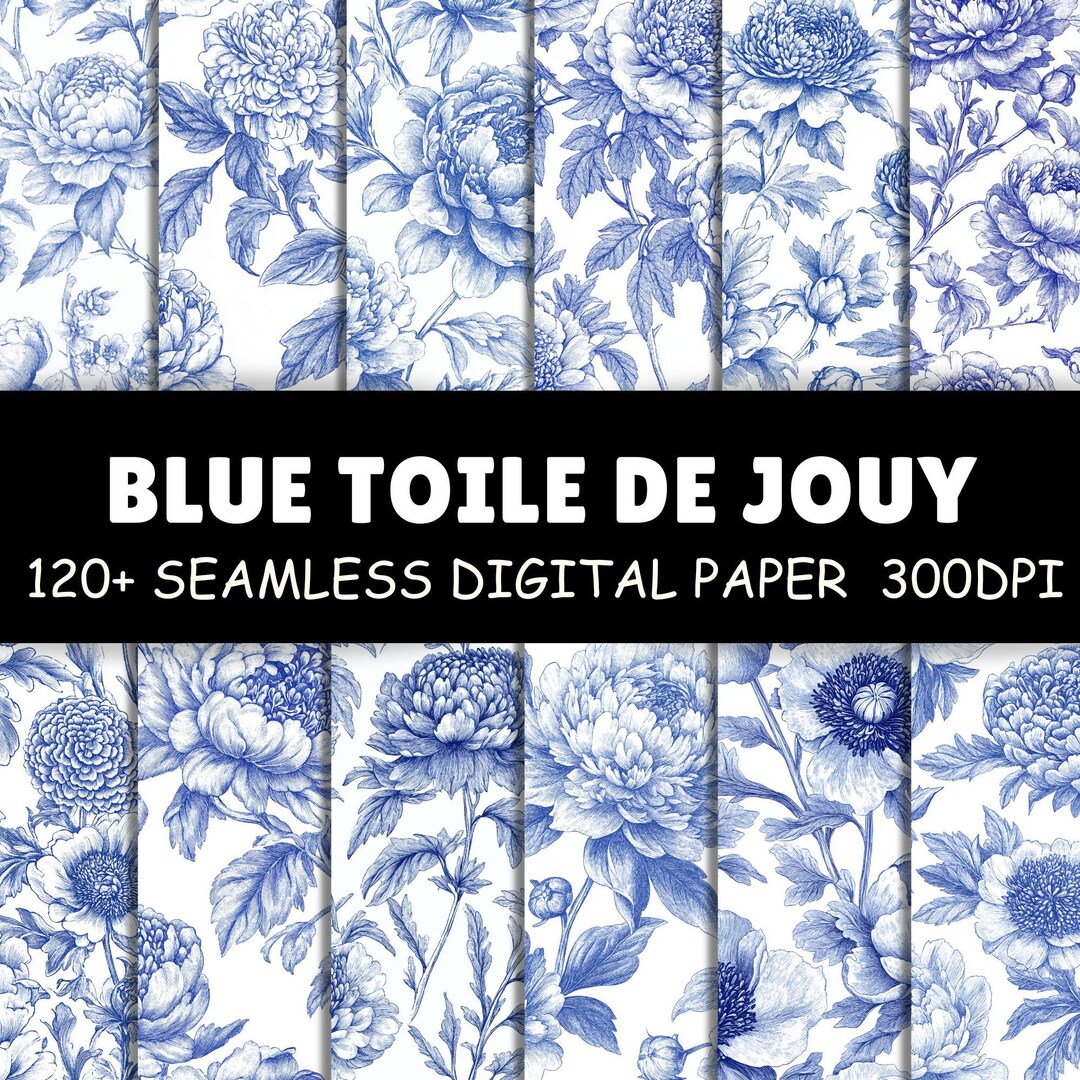 120+ Blue Toile De Jouy Digital Paper | Vintage Floral Botanical ...