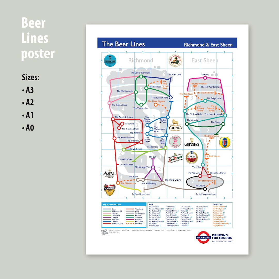 RICHMOND BEER LINES Poster, A3, A2, A1, A0, Richmond Upon Thames, Beer ...