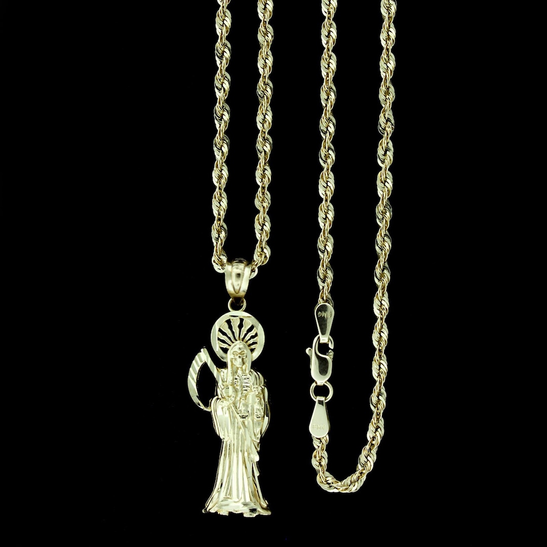 10K Yellow Gold Santa Muerte Grim Reaper Pendant & 2.5mm Rope Chain ...