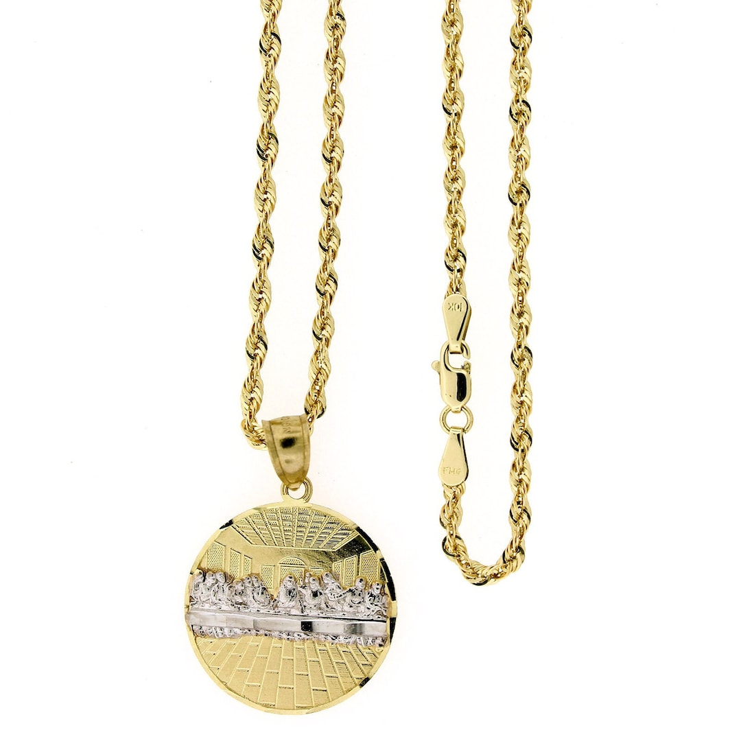 10K Yellow Gold Round Last Supper Jesus Charm Pendant With 2.5mm Rope ...