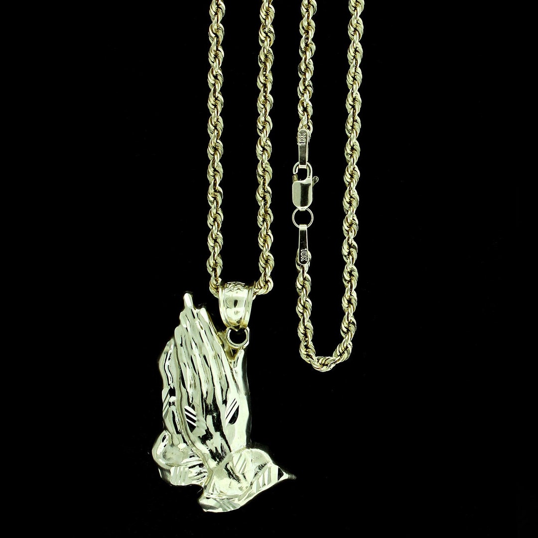 10K Yellow Solid Gold Praying Hands Charm Pendant & 2.5mm Rope Chain ...