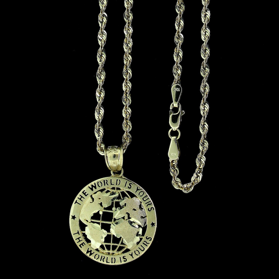 Mens Real 10K Yellow Gold the World is Yours Globe Pendant & 2.5mm Rope Chain, 10KT World Map ...