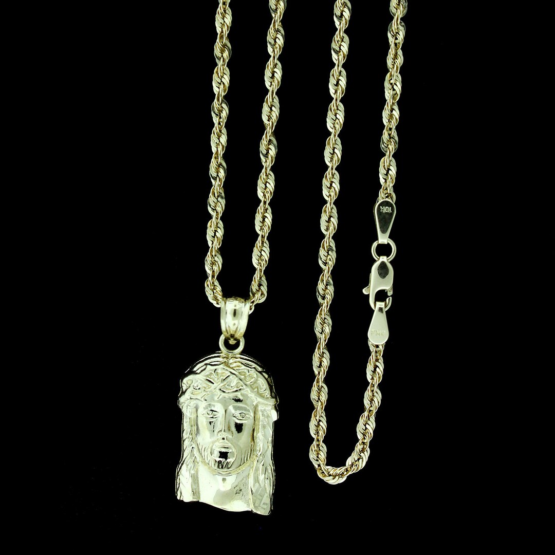 Real 10K Solid Yellow Gold Jesus Face Head Pendant With 2.5mm Rope ...