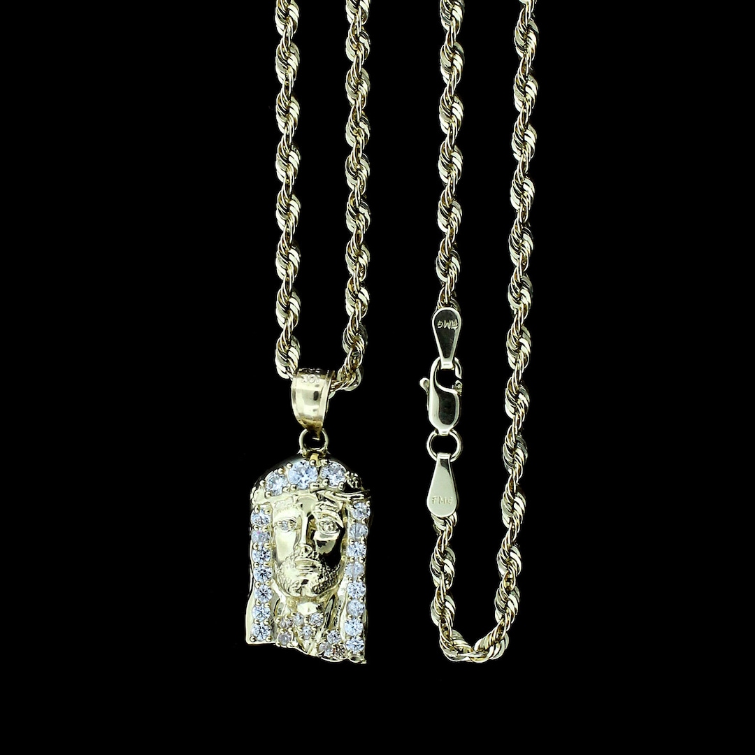 Real 10K Yellow Gold Jesus Head Face CZ Charm Pendant & 2.5mm Rope ...