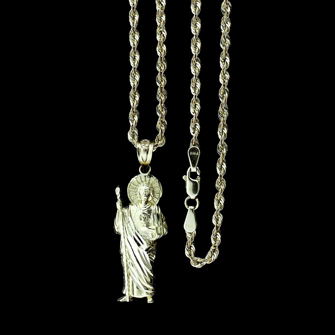 10K Yellow Gold Medium San Judas Saint Jude Charm Pendant & 2.5mm Rope ...