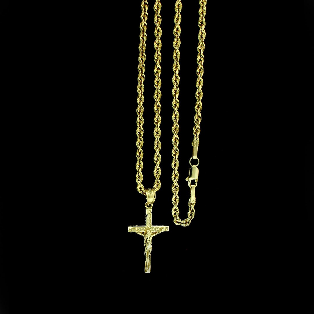 Real 10K Yellow Gold Jesus Cross Charm Pendant Diamond Cut & 2mm Rope ...