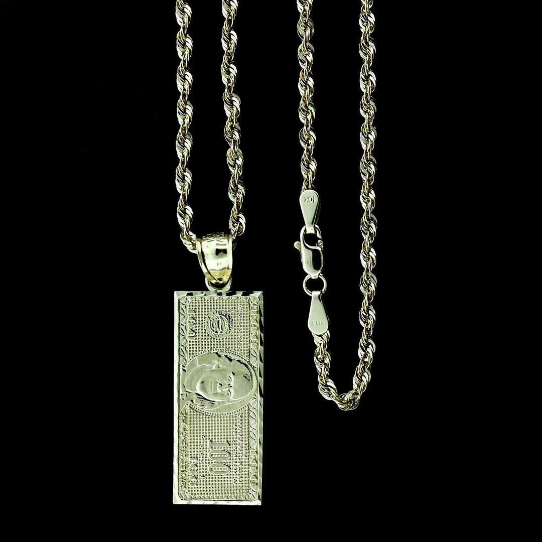 10K Solid Yellow Gold 100 One Hundred Dollar Bill Pendant With 2.5mm ...