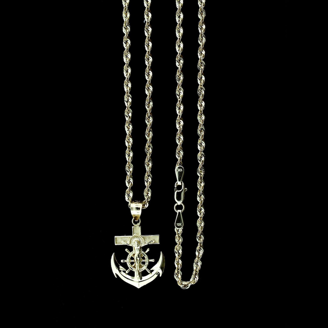 10K Gold Jesus Anchor Cross Charm Pendant With 2.5mm Rope Chain ...