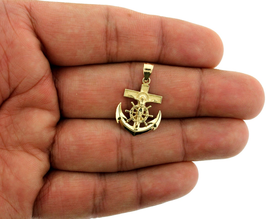 Real 10K Yellow Gold Mens Anchor Cross Pendant Diamond Cut Jesus ...