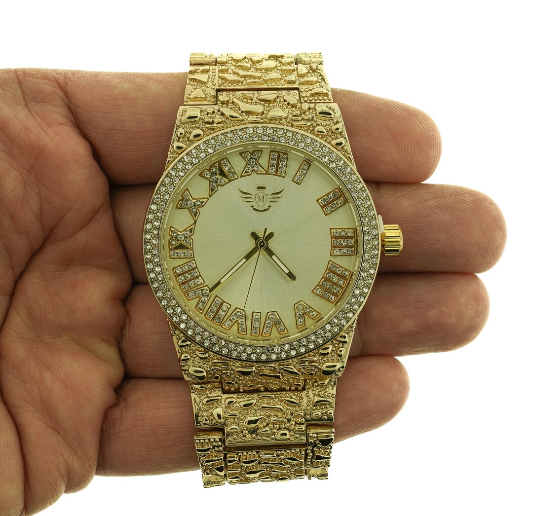 14K Gold Plated Nugget Watch Real Mens Iced CZ Hip Hop Gold Roman ...