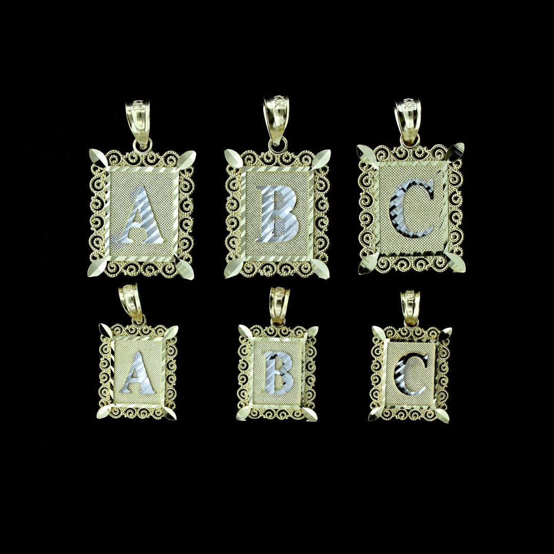 10K Solid Yellow Gold Initial Letter Plate Charm Pendant A-Z Alphabet ...