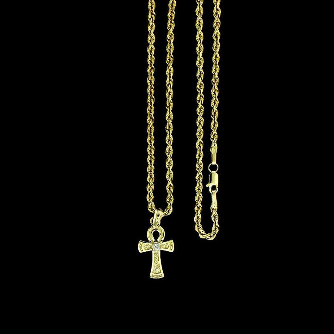 Real 10K Solid Yellow Gold Diamond Cut Egyptian Ankh Cross Charm ...