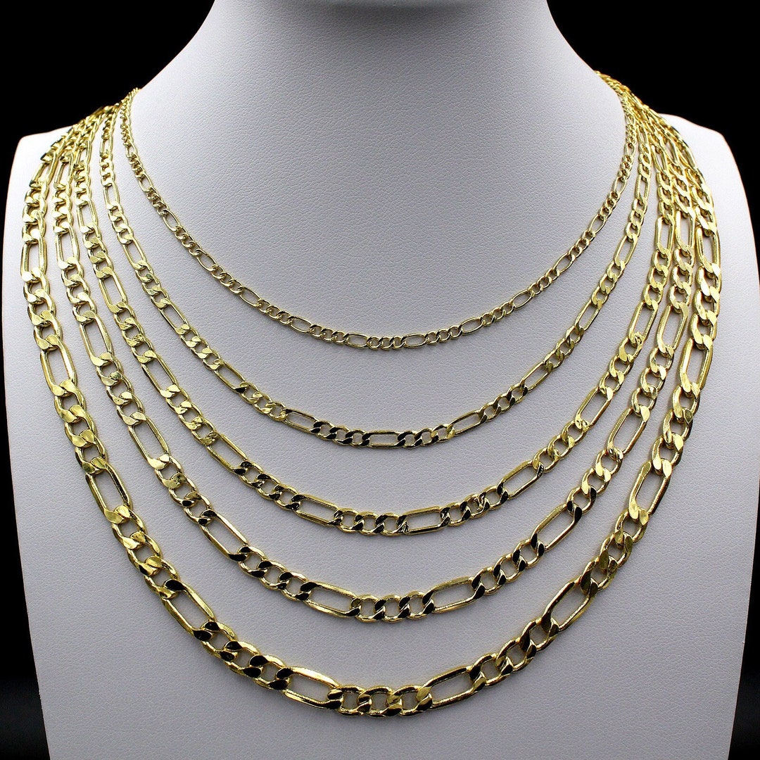 10K Solid Yellow Gold Figaro Link Chain Necklace, 2mm, 2.5mm, 3.5mm, 4 ...