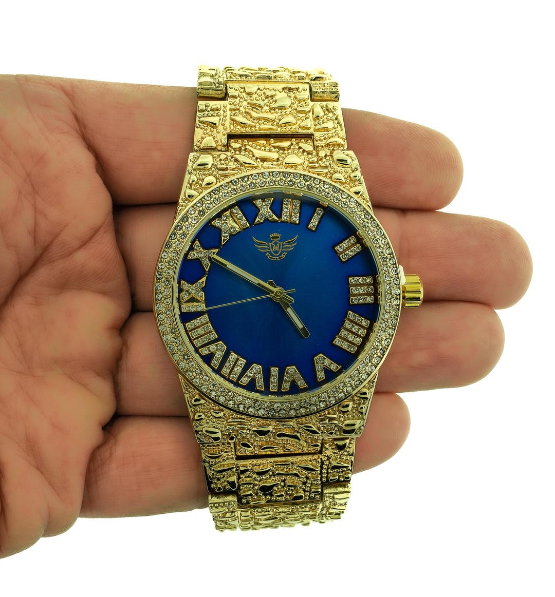 14K Gold Plated Nugget Watch Real Mens Iced CZ Hip Hop Blue Roman ...