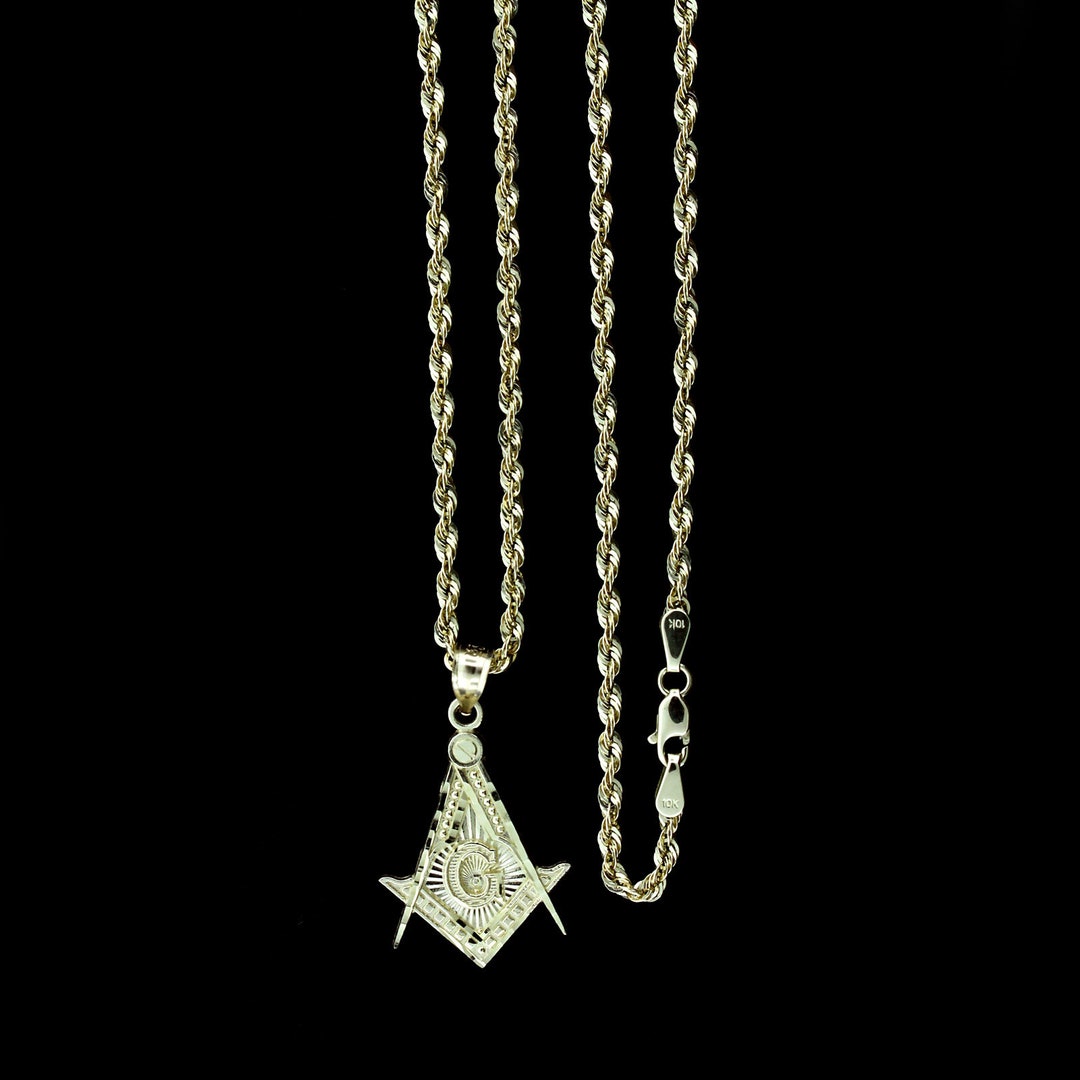 Real 10K Yellow Gold Free Mason Masonic Pendant With 2.5mm Rope Chain ...