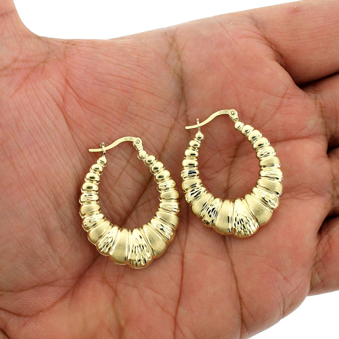 Real 10K Yellow Gold 32mm 1.25" Diamond Cut Scalloped Hoop Shrimp ...
