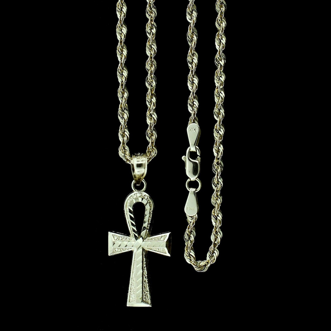 Real 10K Yellow Gold Diamond Cut Medium Egyptian Ankh Cross Pendant & 2 ...