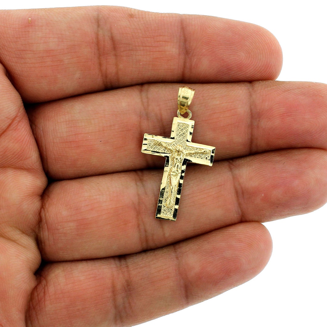 Mens Real 10K Solid Yellow Gold Diamond Cut Jesus Crucifix Cross ...