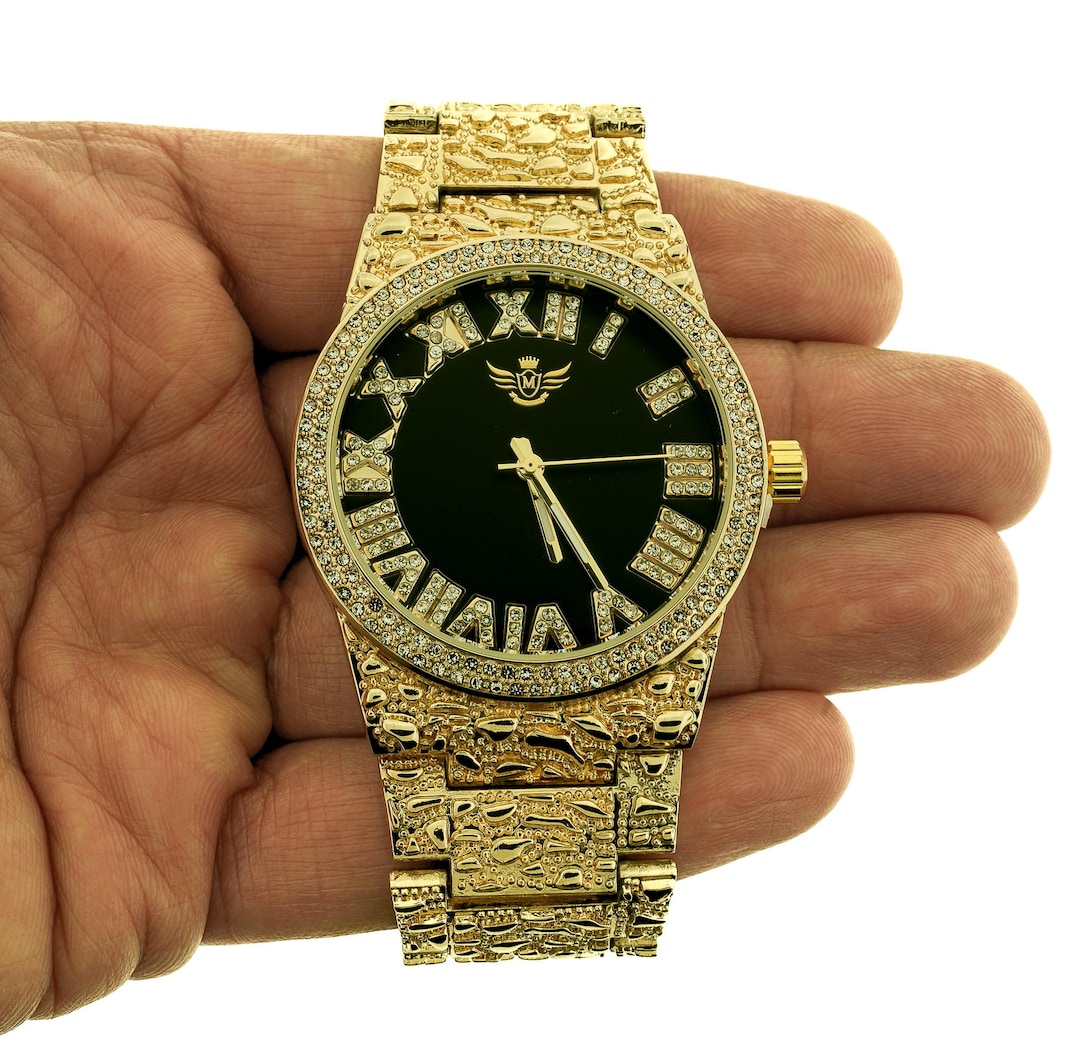 14K Gold Plated Nugget Watch Real Mens Iced CZ Hip Hop Black Roman ...