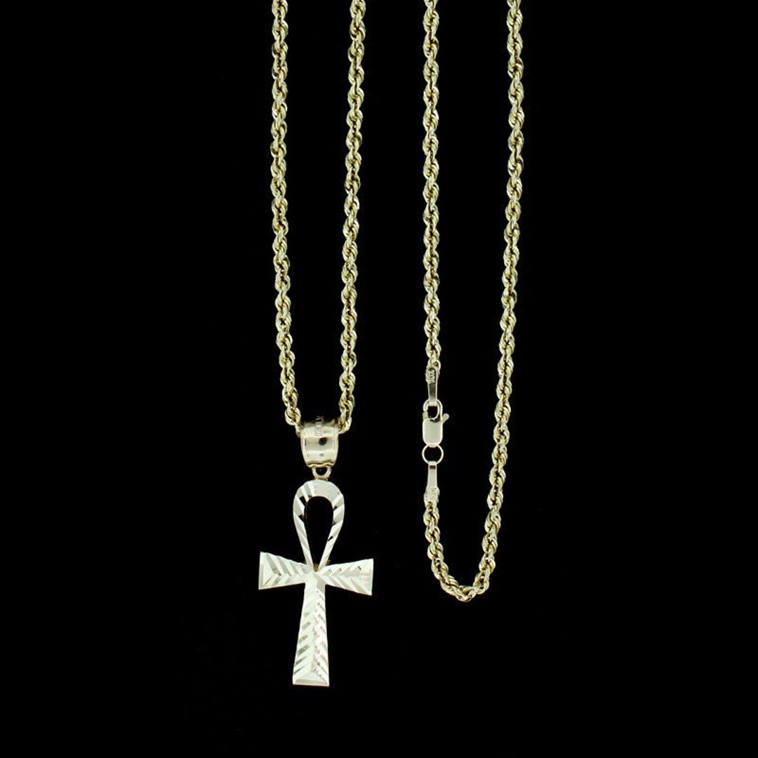 Real 10K Solid Yellow Gold Diamond Cut Egyptian Ankh Cross Charm ...