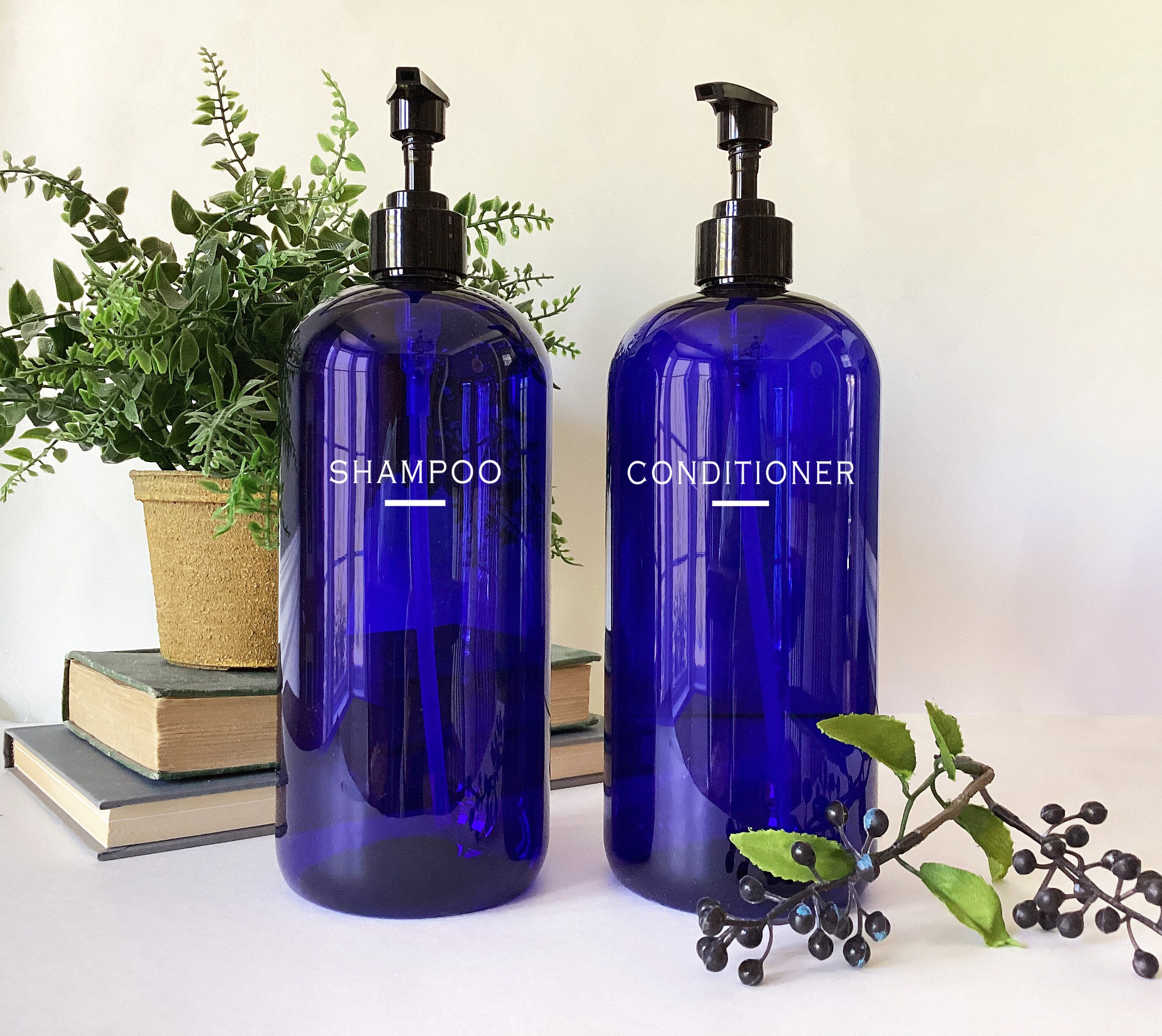 Shampoo or Conditioner 32 Ounce Cobalt Blue Plastic Bottle Pump Top ...