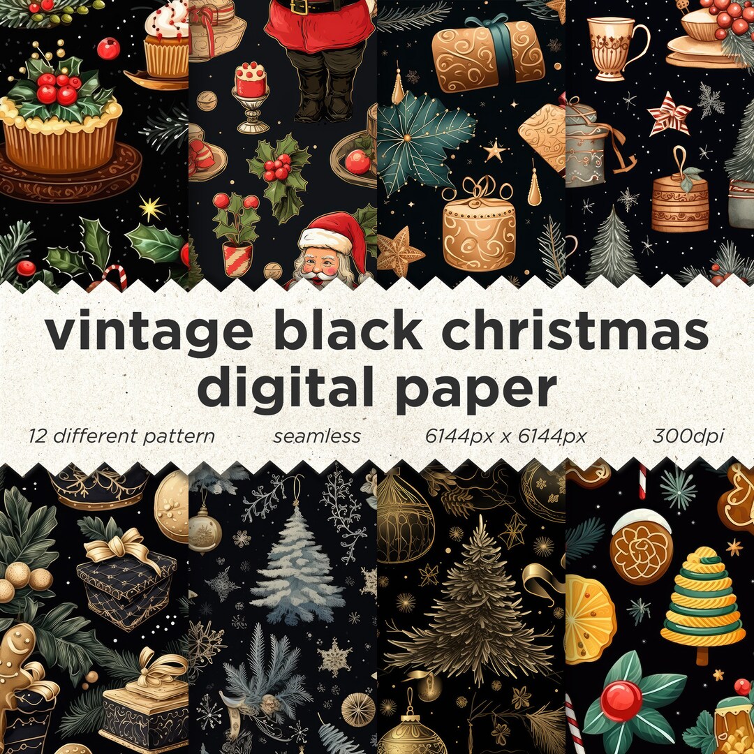 Seamless Vintage Black Christmas Digital Paper Pack | Winter Holiday ...