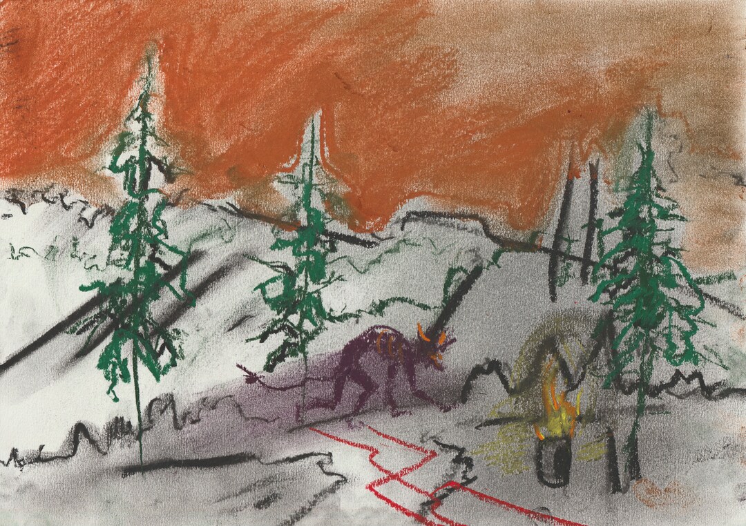 Original Pastel Drawing | Fire and a Devil in an Orange Landscape - Etsy