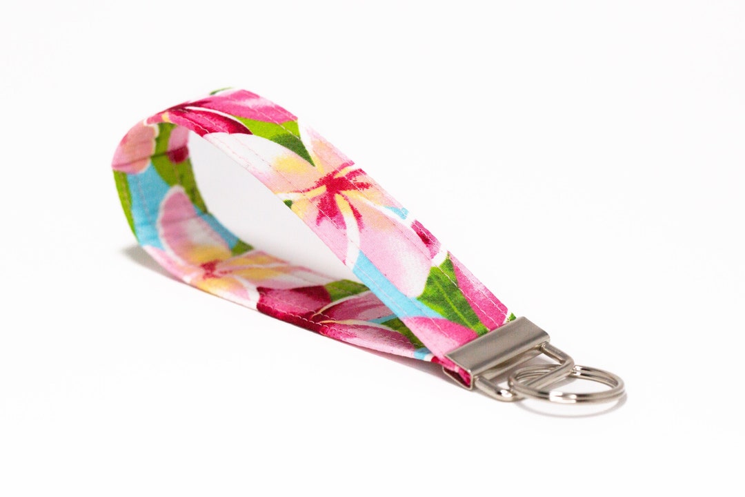Hawaiian Pink Plumeria Key Fob in Light Blue, 100% Cotton Hawaiian ...