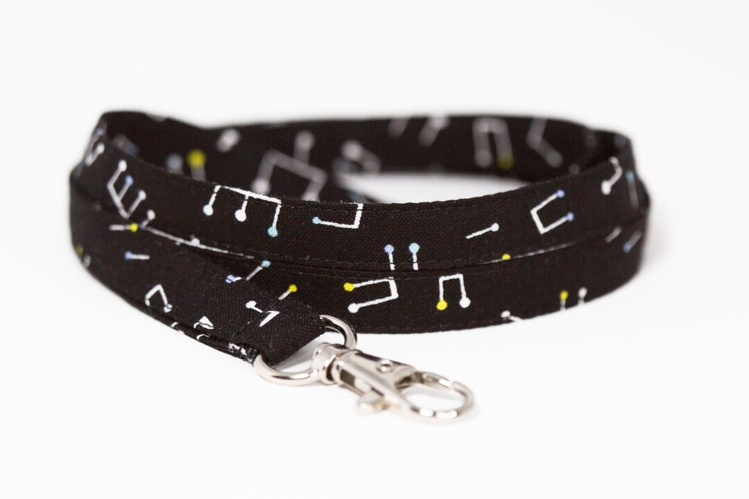 Music Lanyard in Black, Optional Breakaway, 1/2" Wide, Skinny Fabric ...