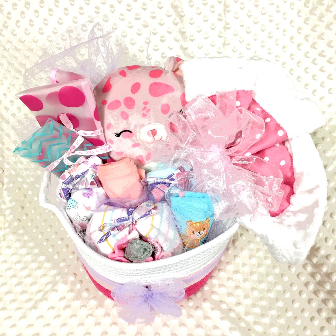 Baby Pink Colorful Gift Basket: Baby Girl Gift, Welcome Baby Gift, Baby ...