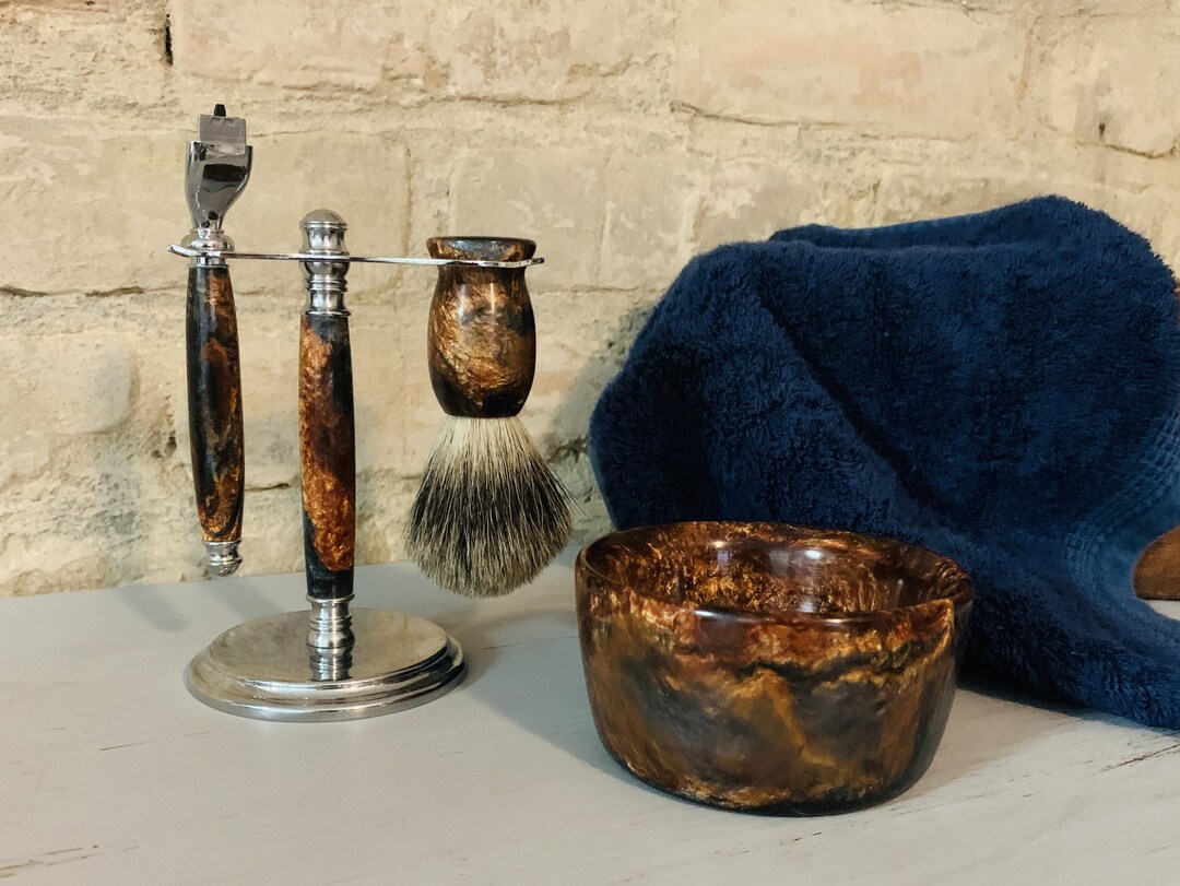 Shaving Set 4 Piece Bowl Brush Stand Razor Handle Hand Turned - Etsy