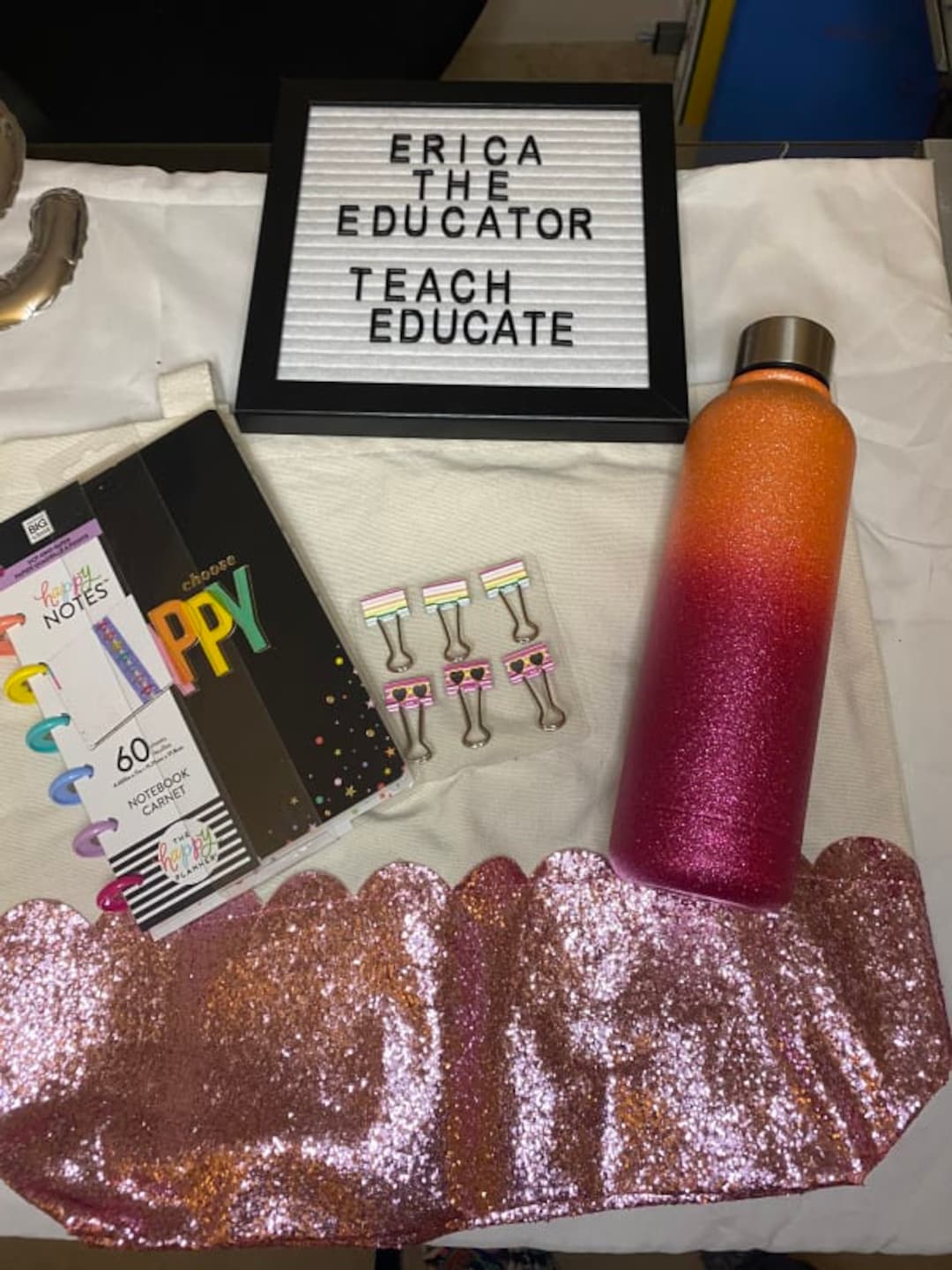 Pink Glitter Tote Bag, Pink Glitter Box, Water Bottle, Small Binder ...