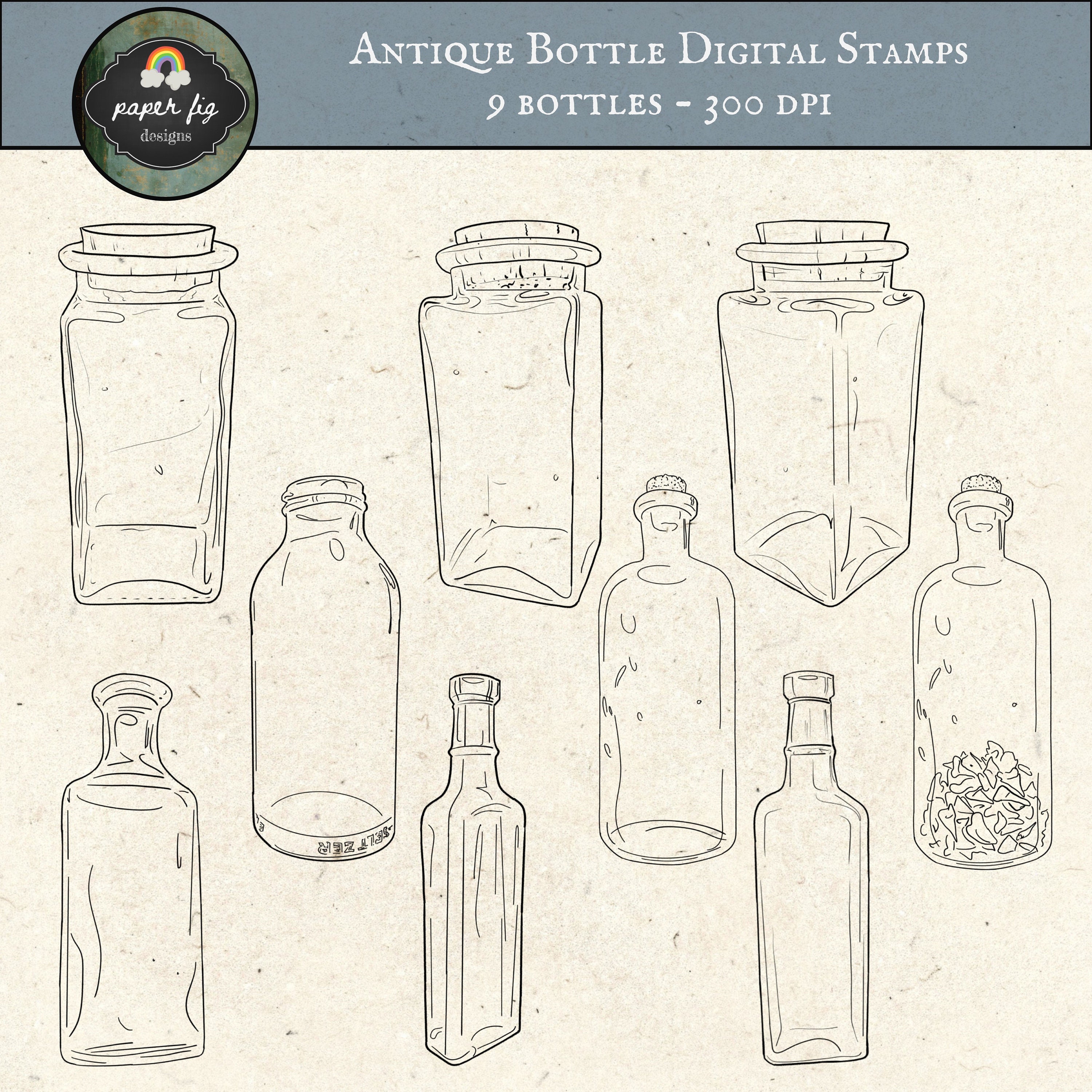 Antique Bottle Digital Stamps - 9 PNG Images - Etsy