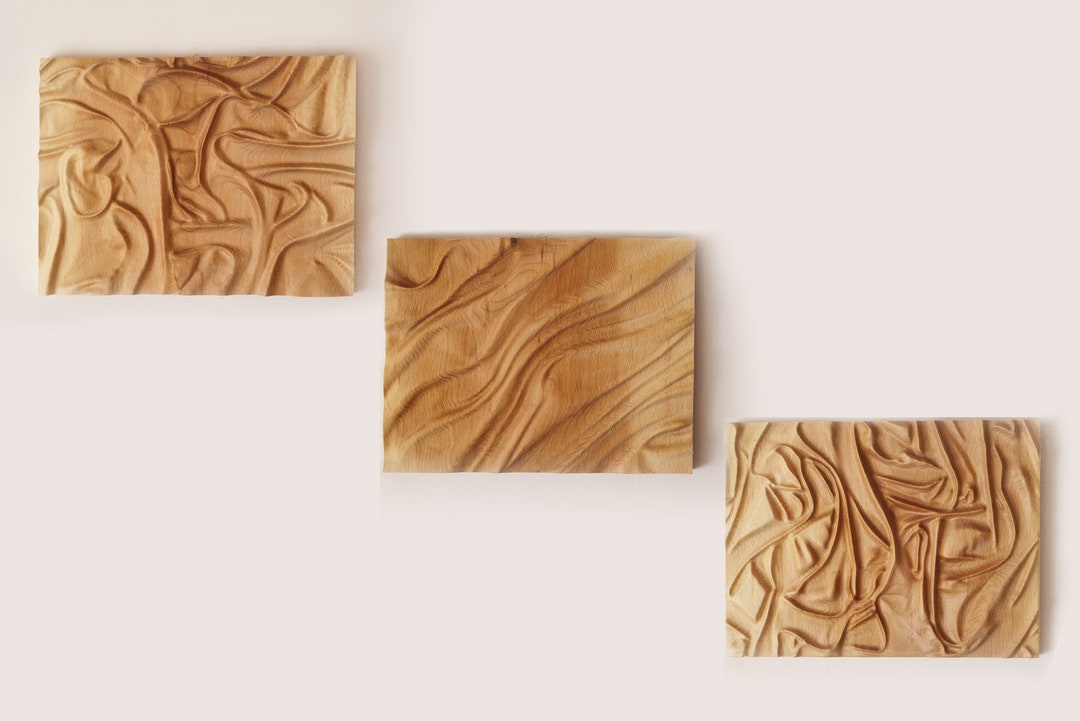 Set of 3 Wood Bas-relief Sculptures Wall Decor, Modern Wood Wall Art ...