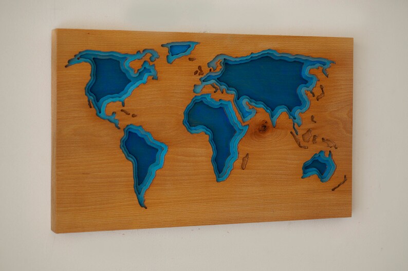 Blue World Map Wall Décor Wooden Shapes Modern Wall Art Free - Etsy