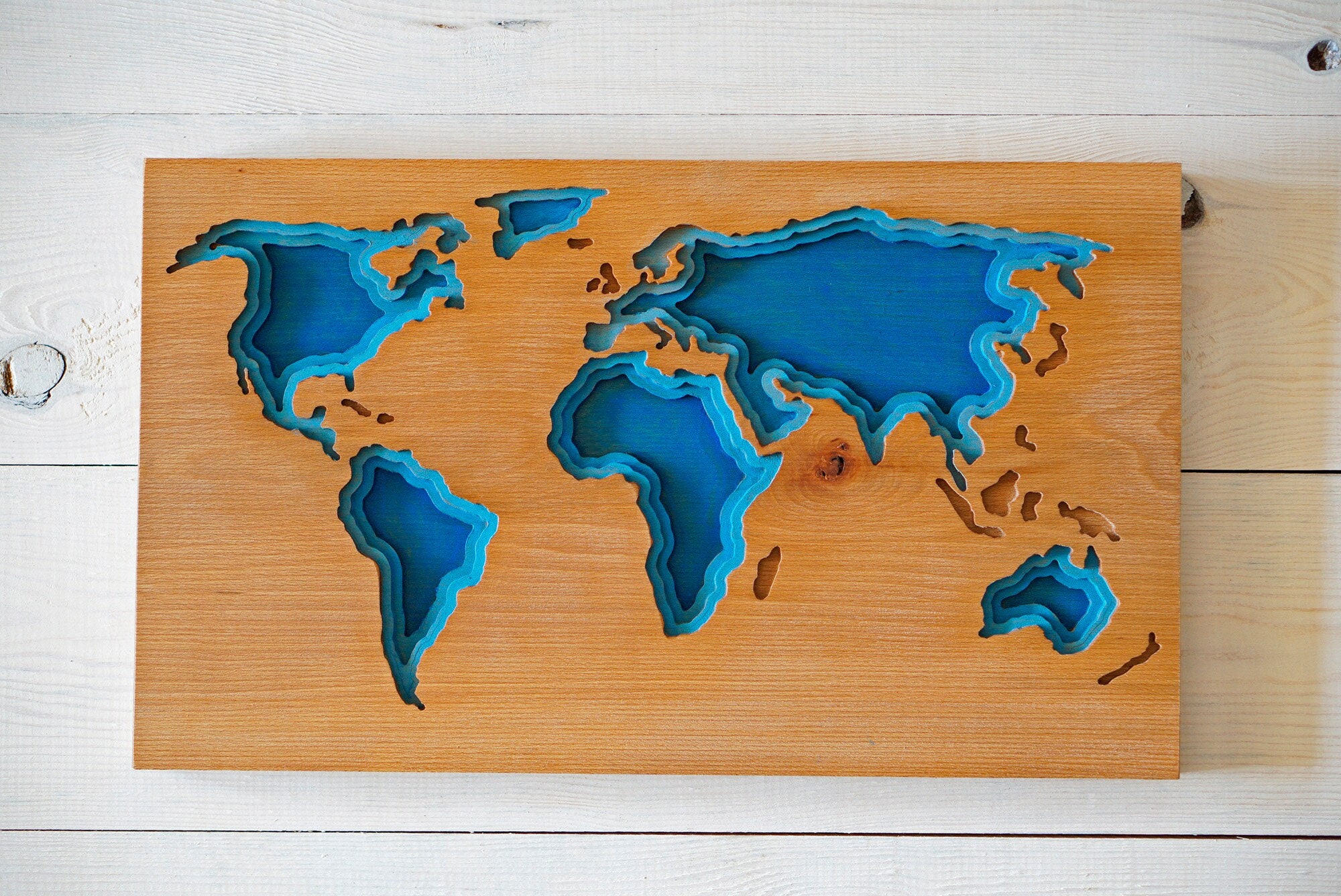 Blue World Map Wall Décor Wooden Shapes Modern Wall Art Free - Etsy