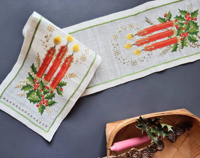60s Danish Handmade Table Runner With Christmas Candles Motif. Cross ...