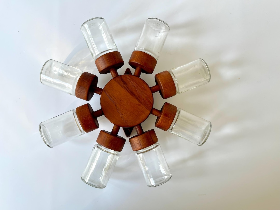 RARE!!! Digsmed Teak Spice Wheel / Spice Rack. Danish Design. 8 Jars ...