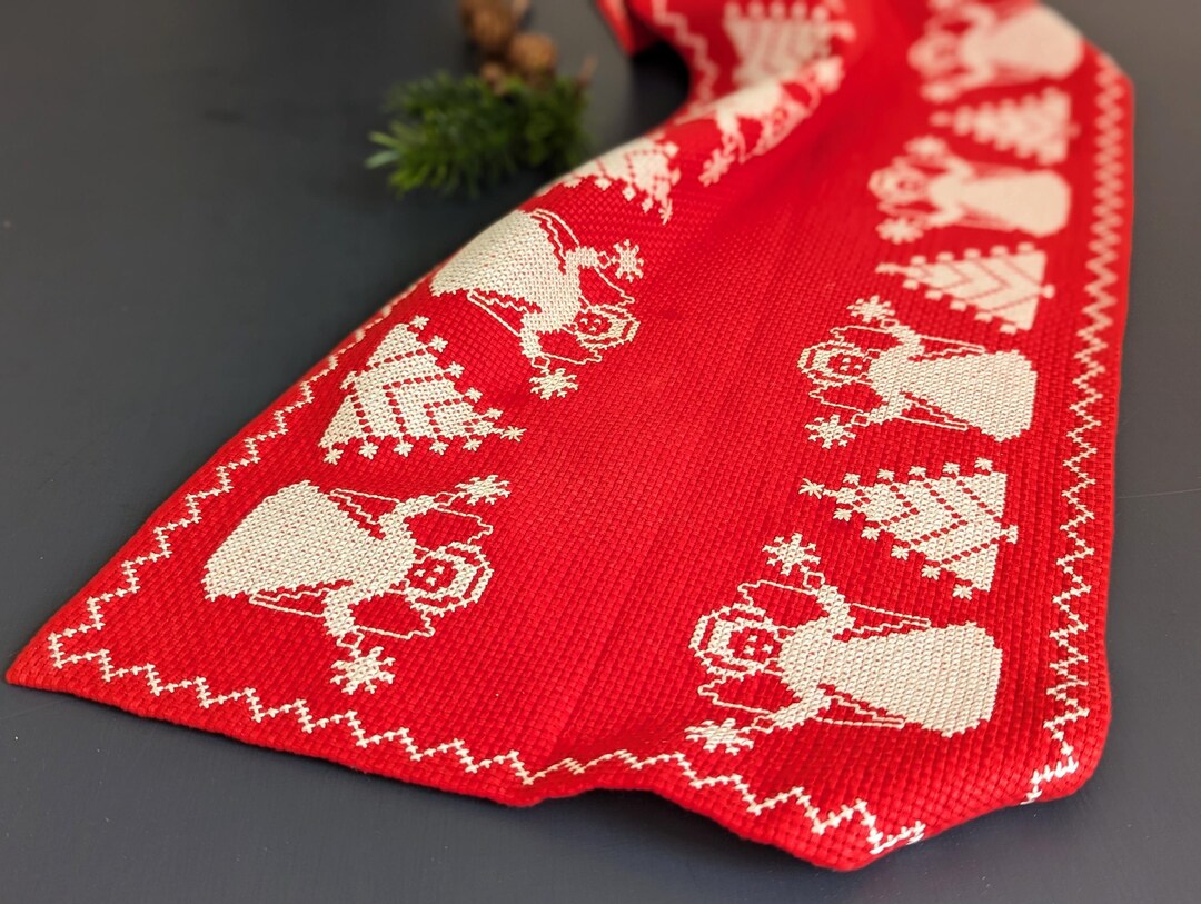 Danish Handmade Red Table Runner With Christmas Angels and Trees. Cross ...