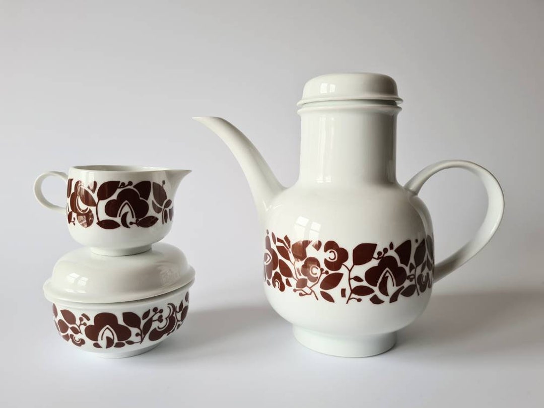 Melitta Vintage 1970s Set. Teapot & Sugar + Creamer Set. Brown Flower ...