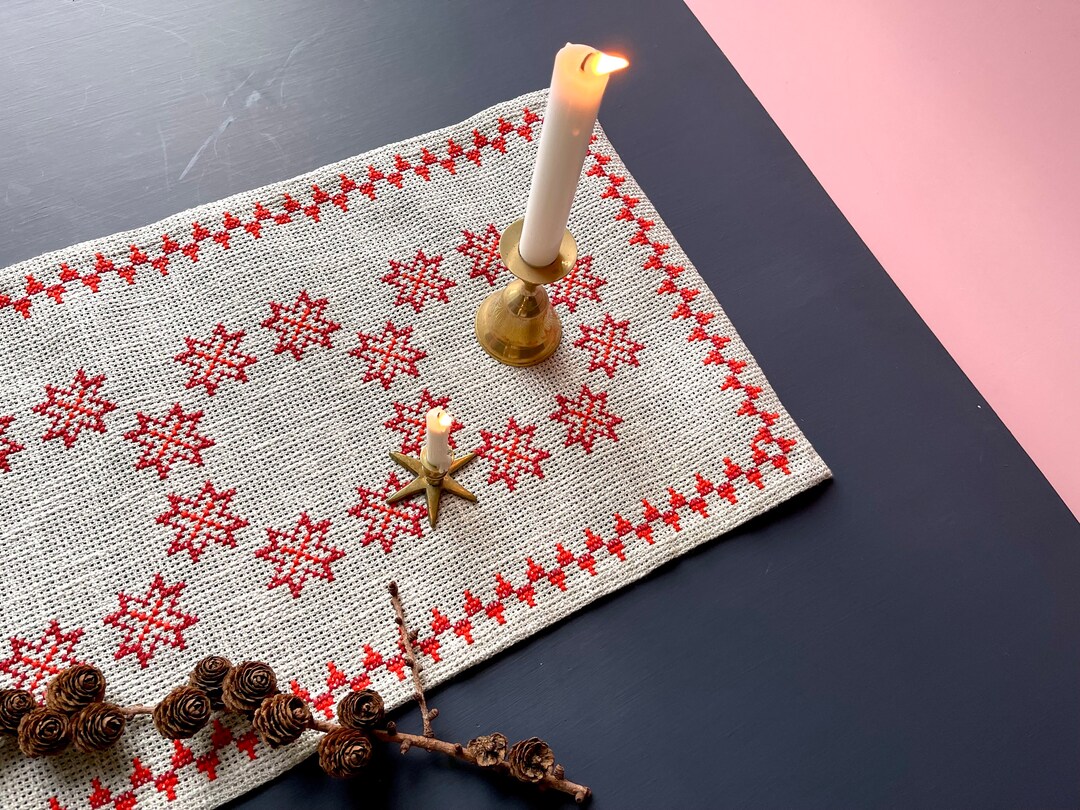 70s Danish Handmade Table Runner With Christmas Stars. Cross Stitch ...