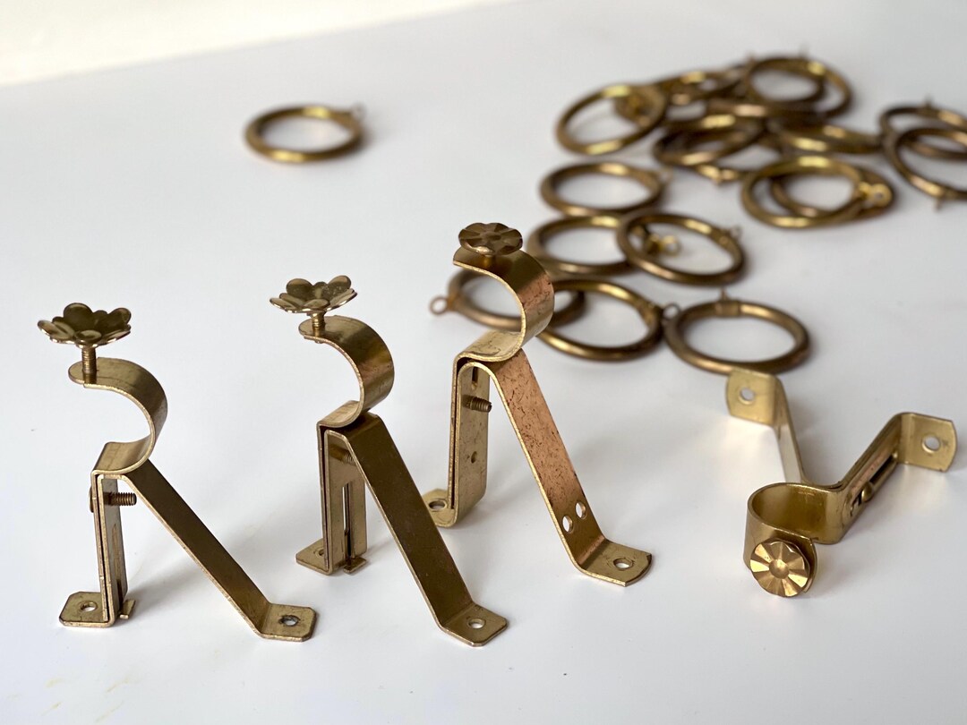 4 Vintage Brass Curtain Rod Brackets & 20 Brass Curtain Rings ...