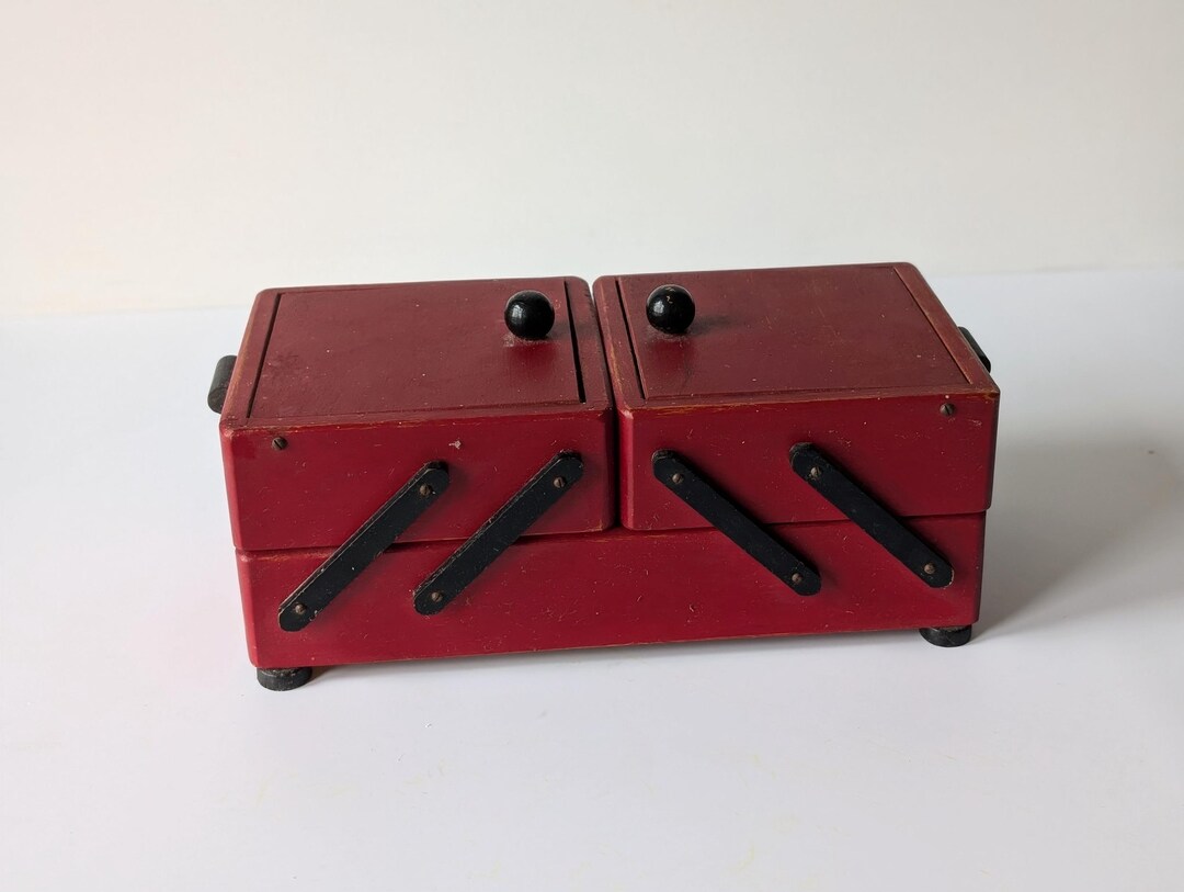 1960s Sewing Box. Vintage Red Wood Box With Multiple Rooms. Expandable ...