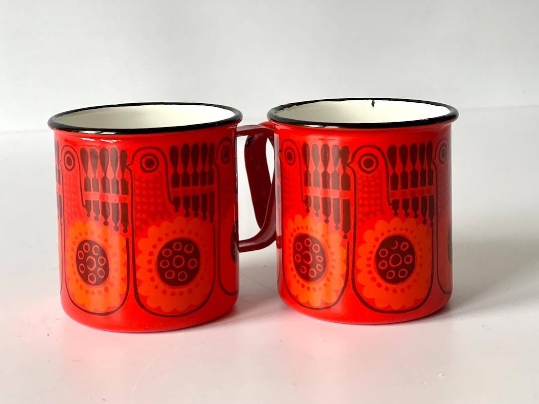 Set of 2 Arabia Finel Enamel Mugs - Birds Red Colorway Finland ...